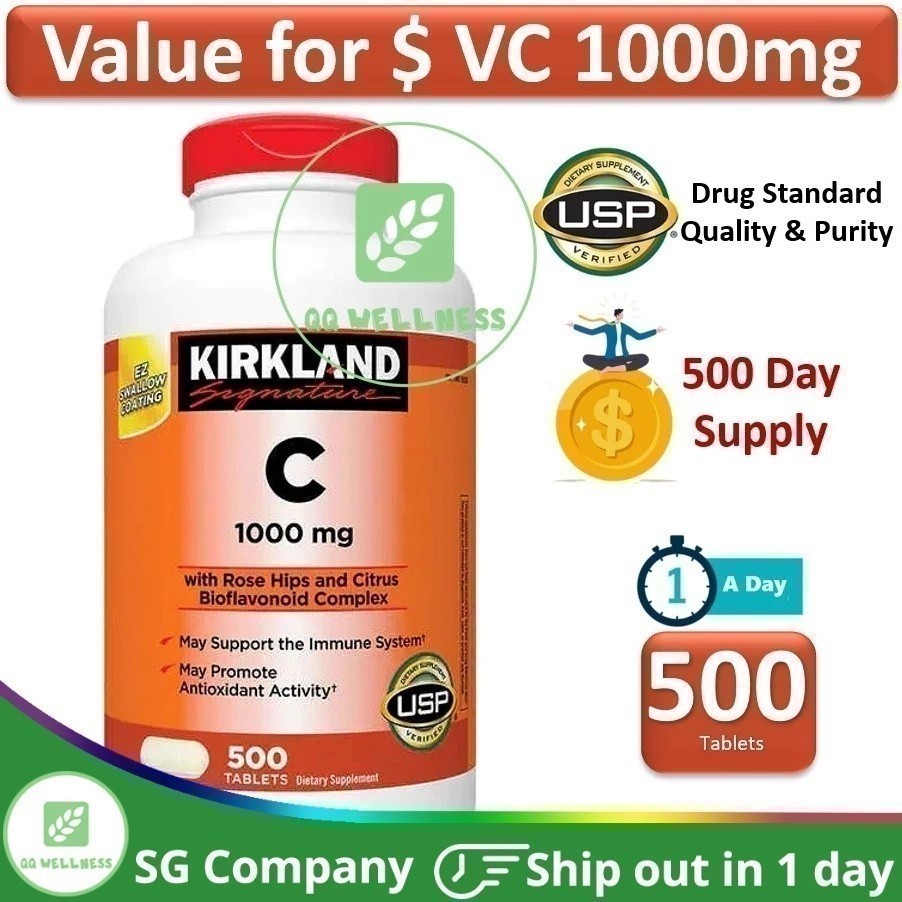 👍Kirkland Signature Vitamin C 1000 mg 500 Tablets Rose Hips Citrus Bioflavonoid Immune System ...