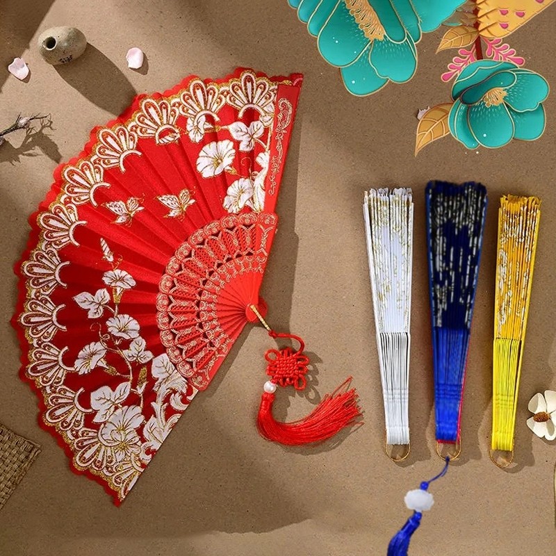 Chinese Style Silk Hand Fan Red Folding Fans Traditional Wedding ...