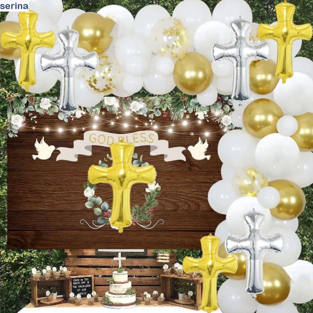 SERINA Baby Baptism Cross Balloons, Round Cross Shape Aluminum Film ...