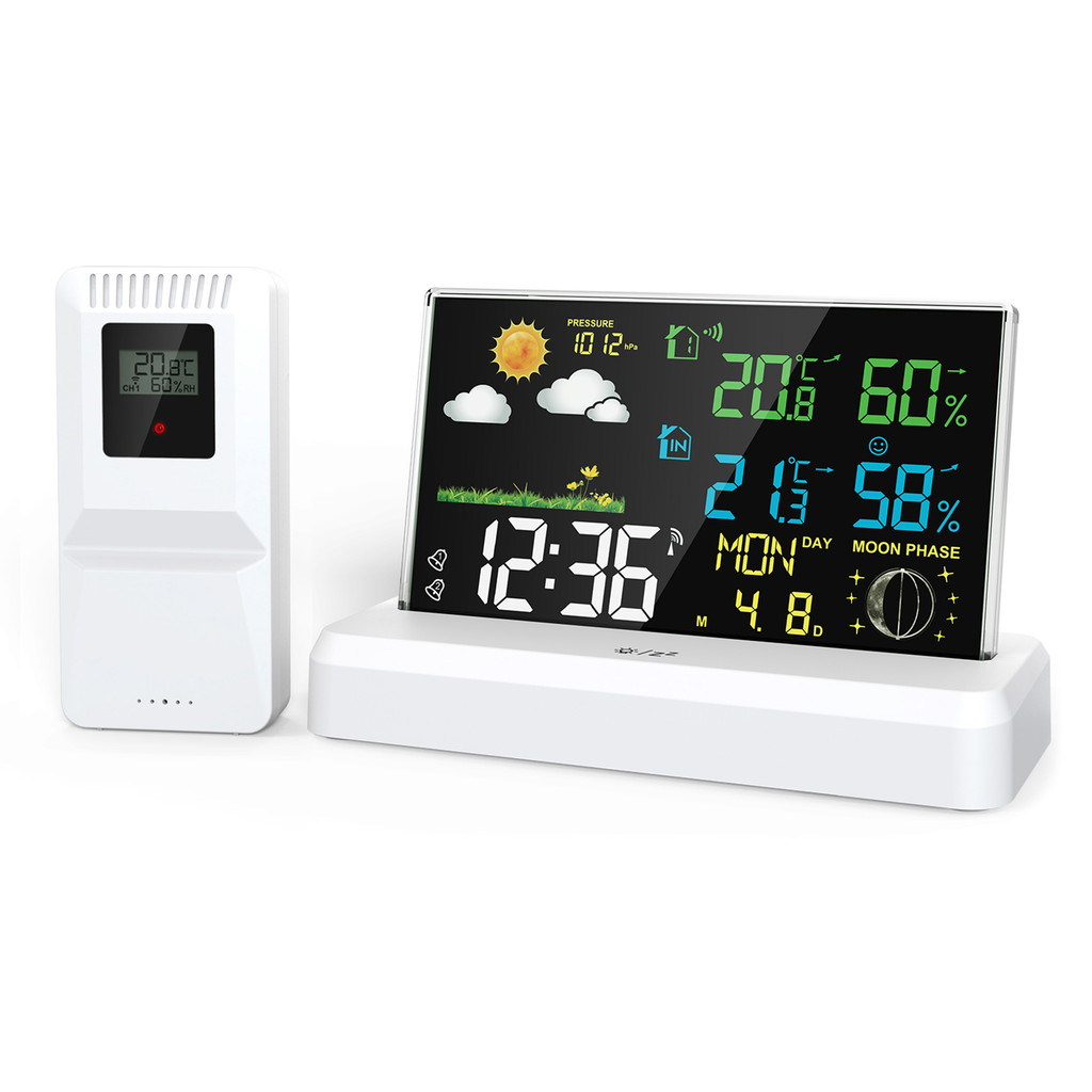 Weather Station Indoor Outdoor Temperature Humidity Monitor with Sensor ...