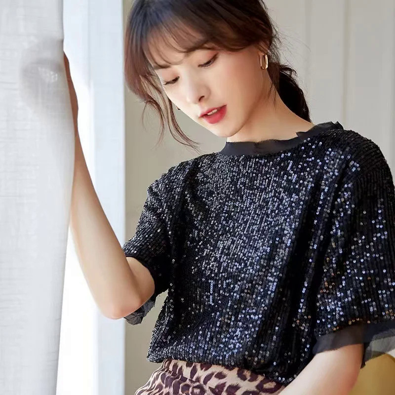 Beige Sequined Short Sleeve O Neck Chiffon splicing sequins Casual T-shirt Women Female Summer ...