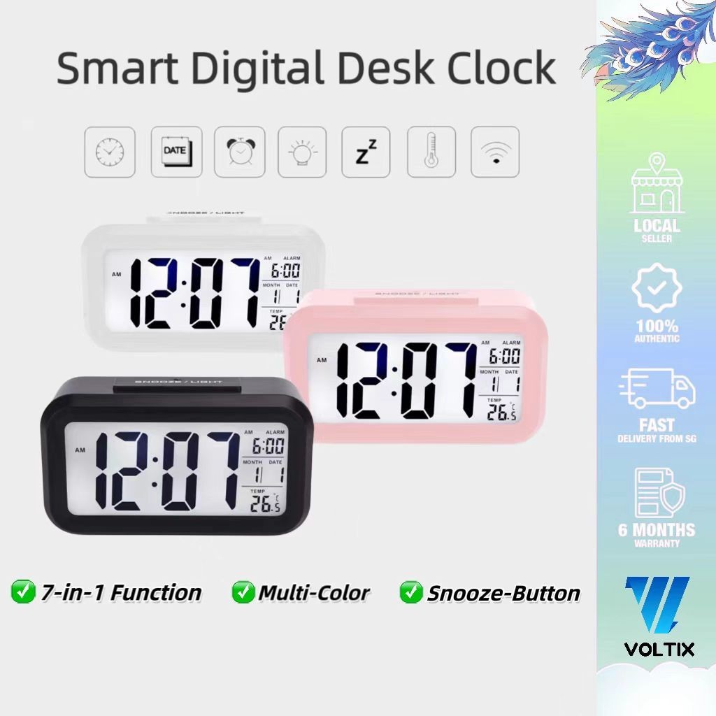 【SG】Smart Digital Desk Clock - Loud Alarm LED Light Silent Mini Table ...