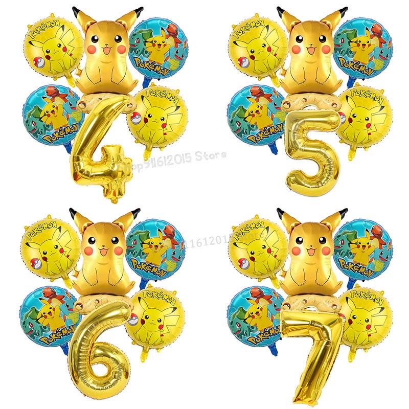 Pikachu 6pcs Number Balloons Set Pokemon Cartoon Aluminum Foil Ballons ...