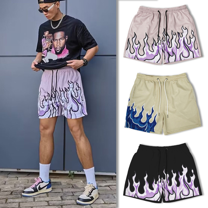 Men's Purple Shorts Fire Printed Mesh Shorts Basketball Shorts Street ...