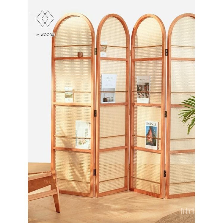 White Round Solid Wood Rattan Screen Folding Partition Living Room ...