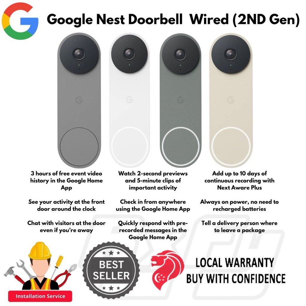 Google Nest Doorbell (Wired, 2nd Gen) Wired Video Security Camera cctv ...