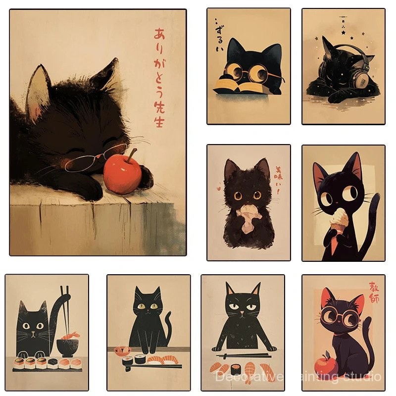 Japanese Kawaii Black cat dumpling ice cream apple food Posters, canvas ...
