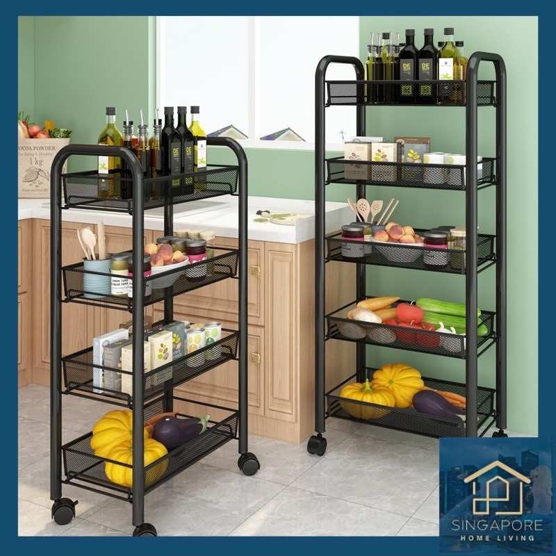 3/4/5 Tiers Mesh Design Shelf Rolling Wheels Kitchen Metal Trolley ...