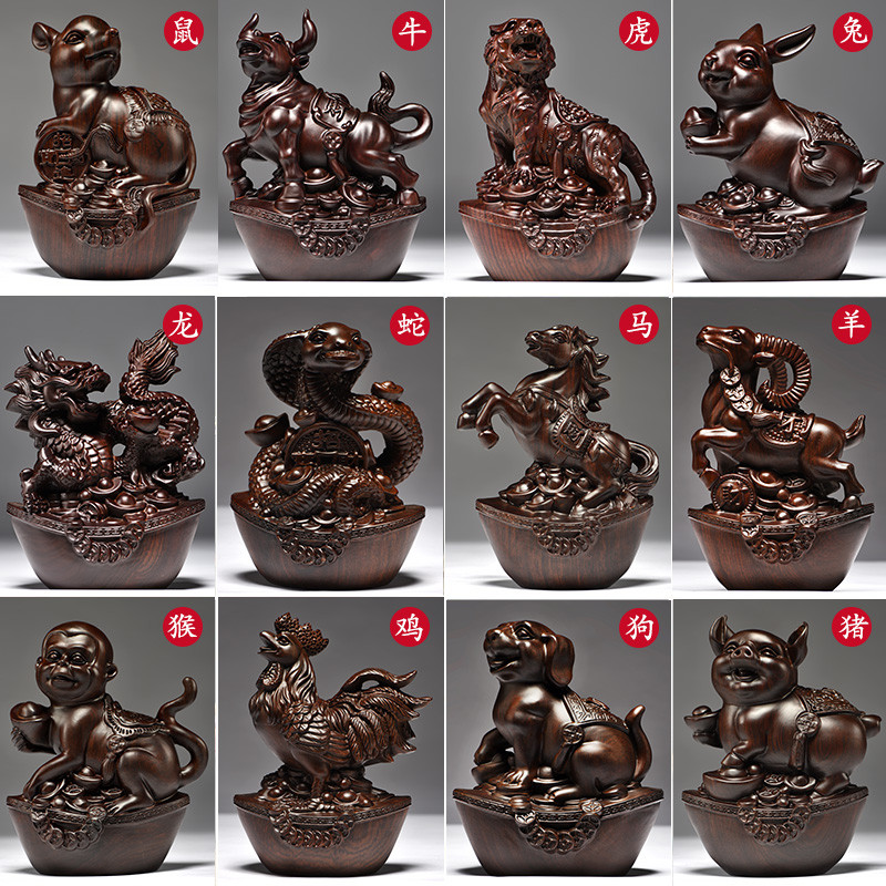 Ebony Wood Carved Zodiac Figurines Set Solid Wood Rat Ox Tiger Rabbit ...