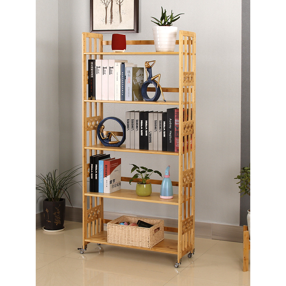 Mobile Bookshelf with Wheels Shelf Floor Full Bamboo Bookcase Child ...