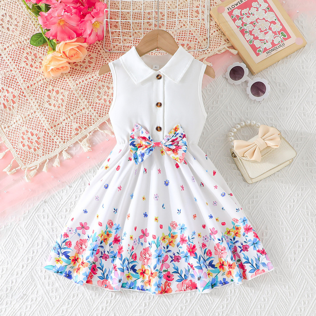 Dress For Kids 4-8Years old Birthday Sleeveless Floral Bow Button ...