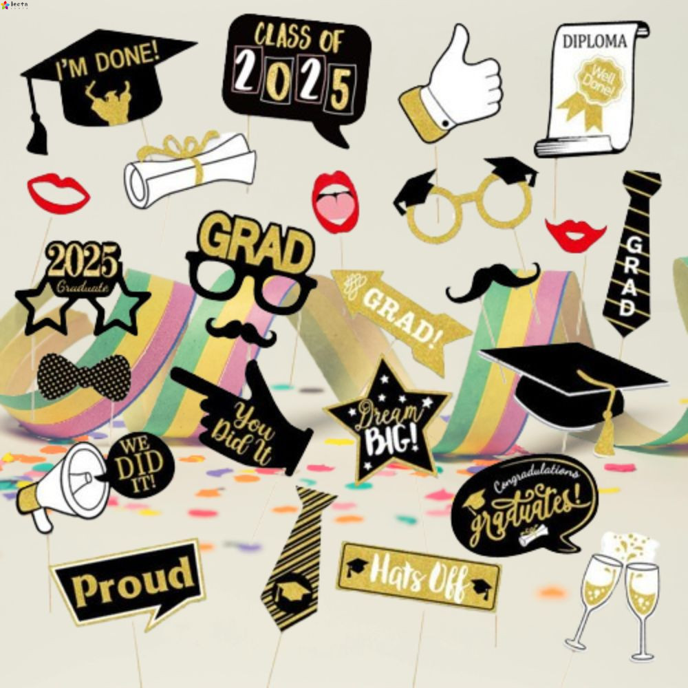 LEOTA 25pcs Graduation Photography Props, Bachelor Cap Black Gold 2025 ...