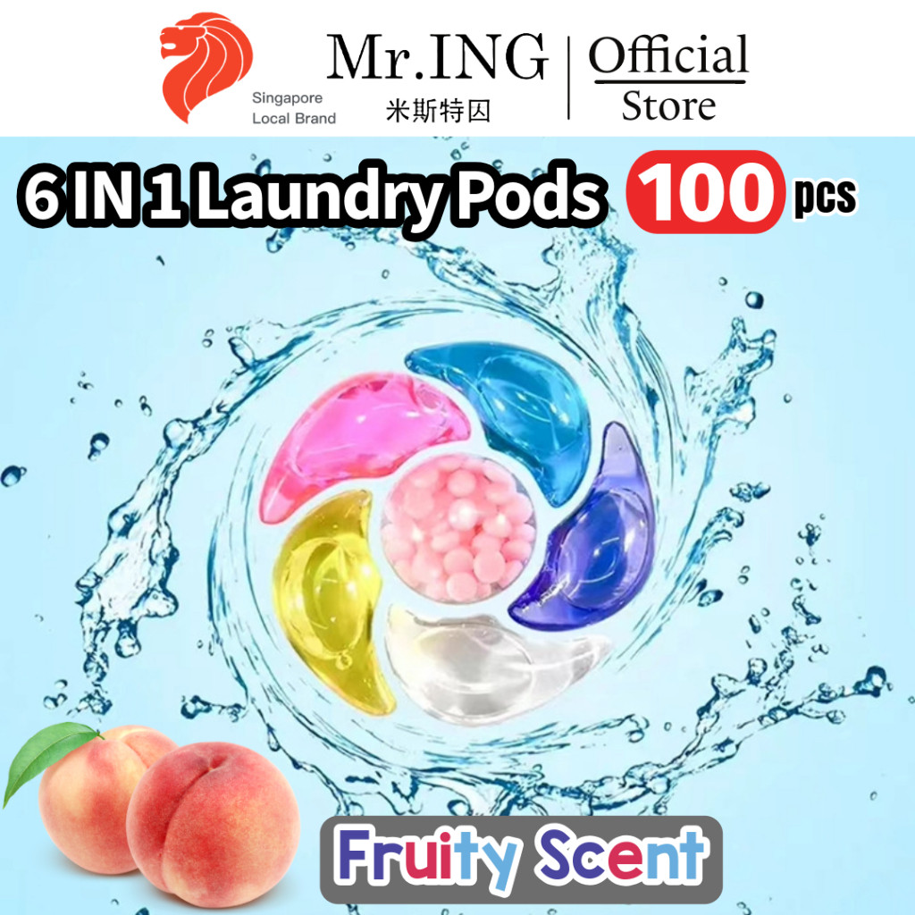 (100pcs) MR.ING 6 in 1 Laundry Pods Fruity Peach Laundry bead Detergent ...