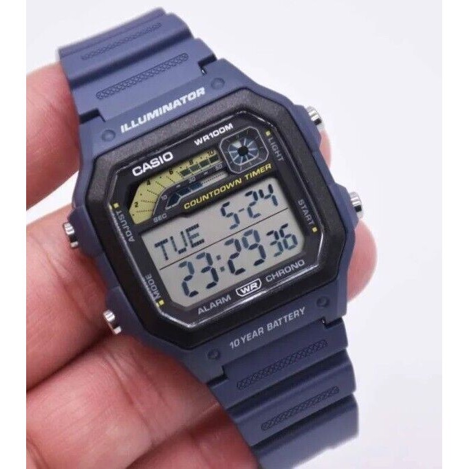 Casio WS-1600H-2A Digital Blue Resin Alarm Stopwatch Quartz Men's Sport ...