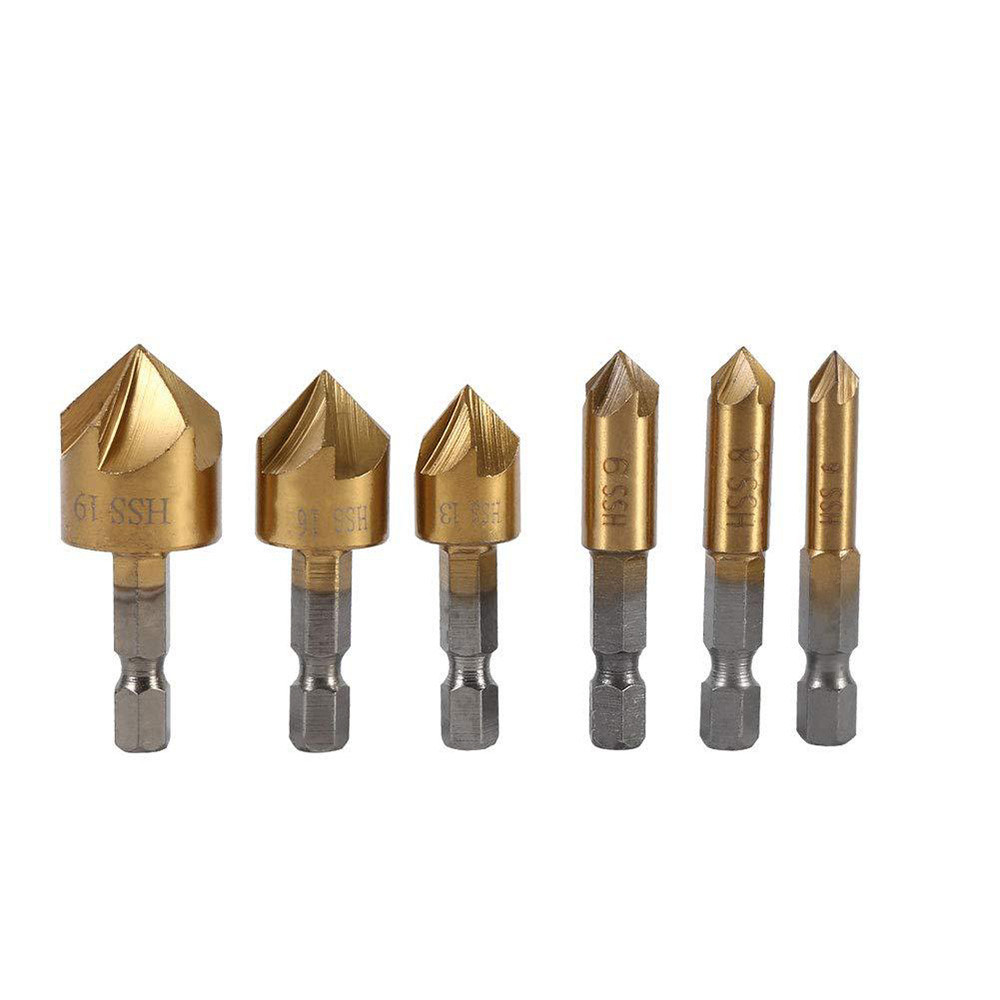 6pcs Countersink Drill Bit Set Chamfer 1/4' Hex 5 Flute Counter Sink ...