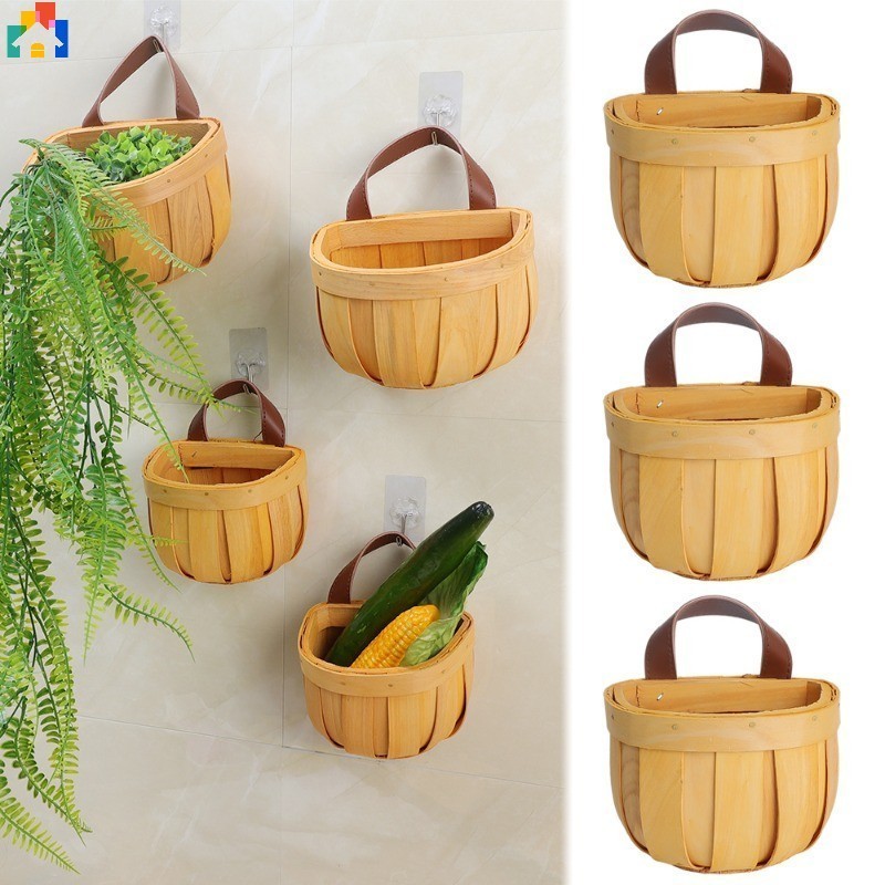 Wood Woven Storage Basket with Handle Wall Hanging Kitchen Garlic ...