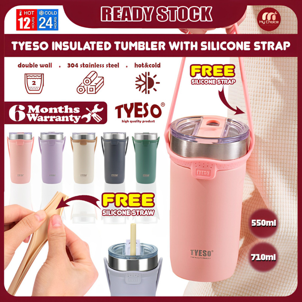 Tyeso Insulated Tumbler 550ml/710ml With Silicone Strap And Straw 304 Thermos Water Bottle ...