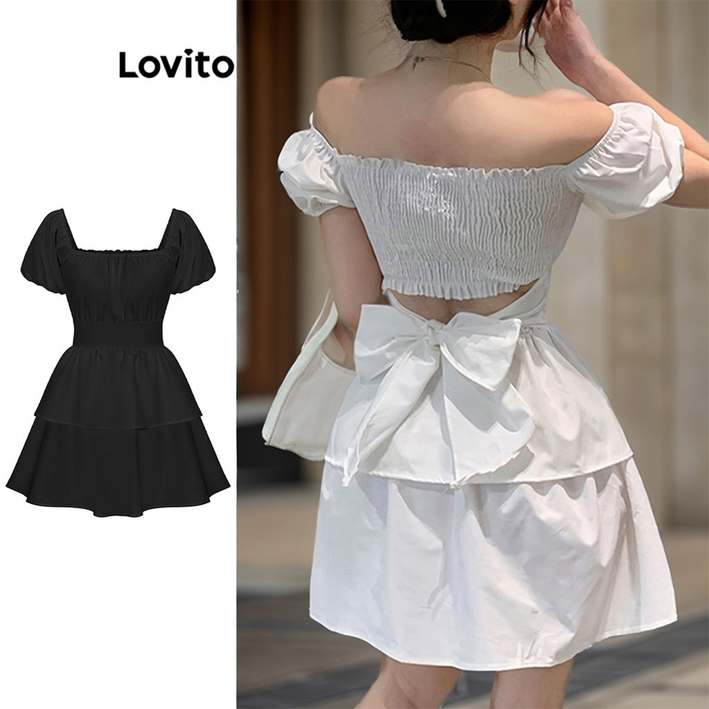 Lovito Casual Plain Tiered Layer Puff Sleeve Dress for Women L68ED266 ...