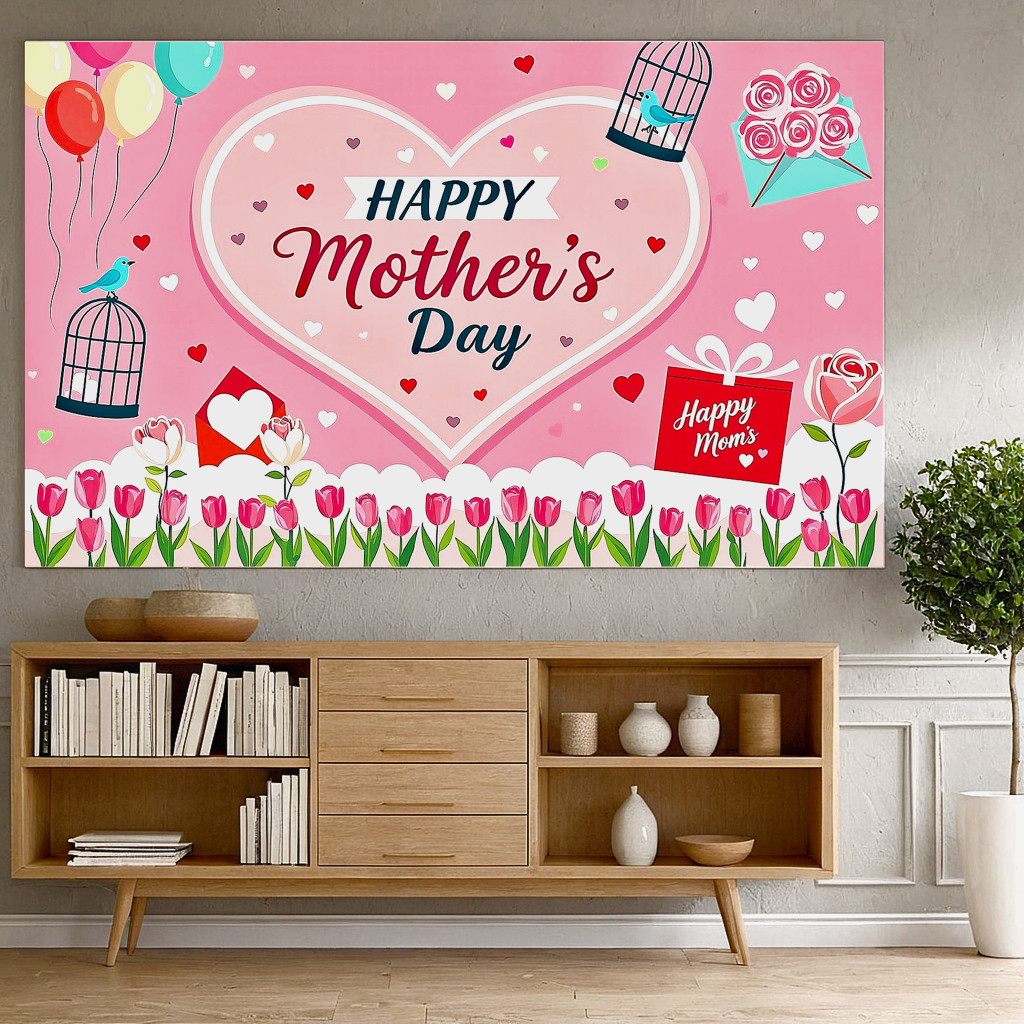 Pink Heart Shaped Happy Mothers Day Banner with Balloons Tulips and ...