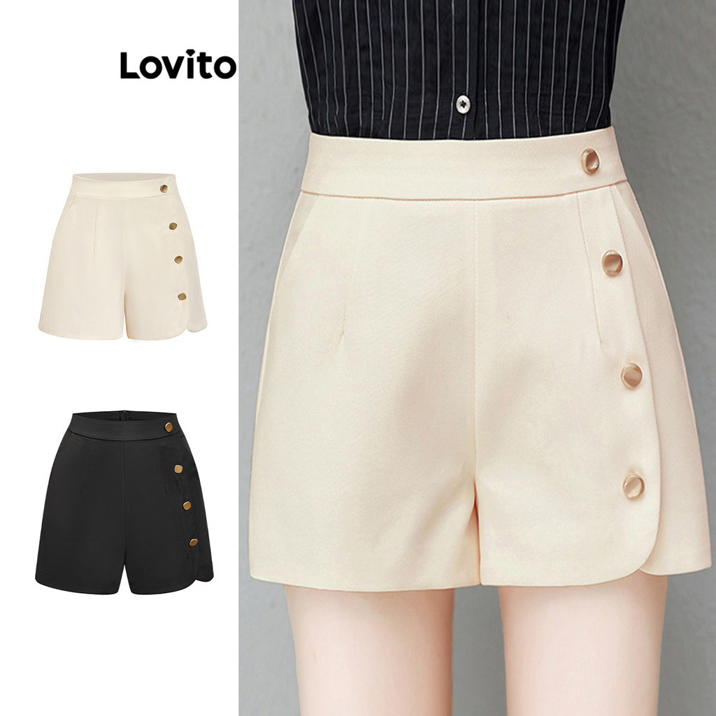 Lovito Casual Shorts Plain Asymmetrical Button Shorts for Women ...