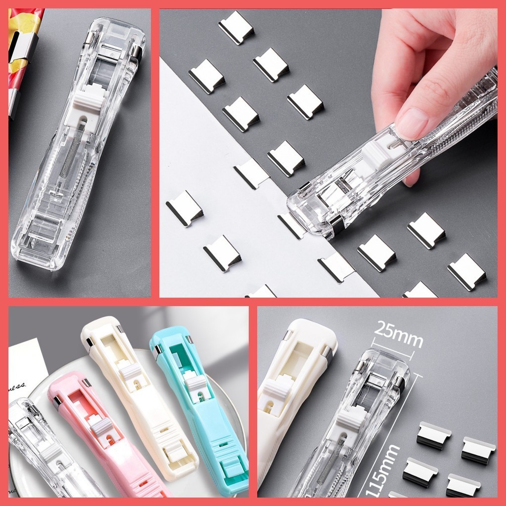Push clip dispenser/Push-clamp-stapler free of damage to paper/free of ...