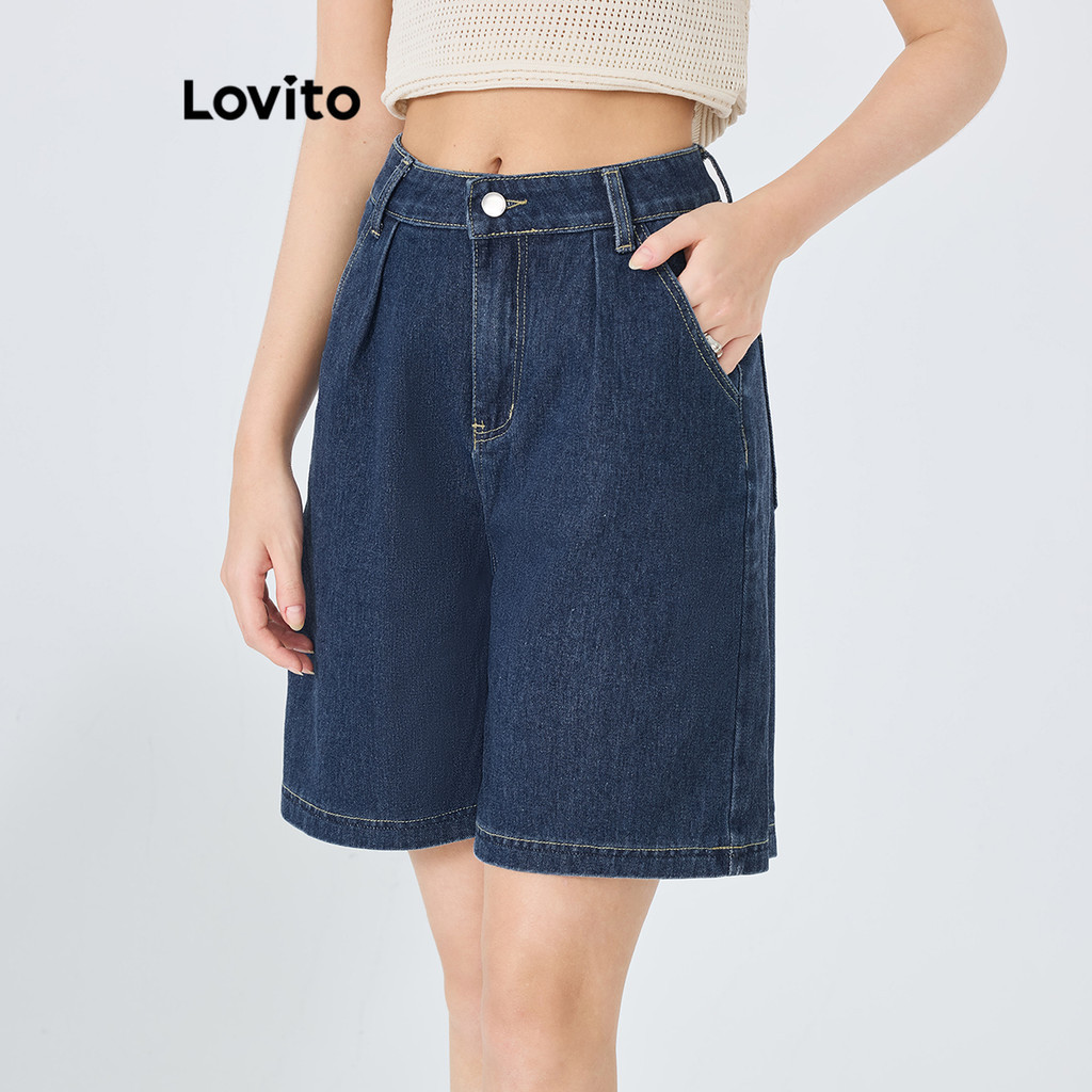 Lovito Casual Plain Button Denim Short for Women L87ED298 | Shopee ...