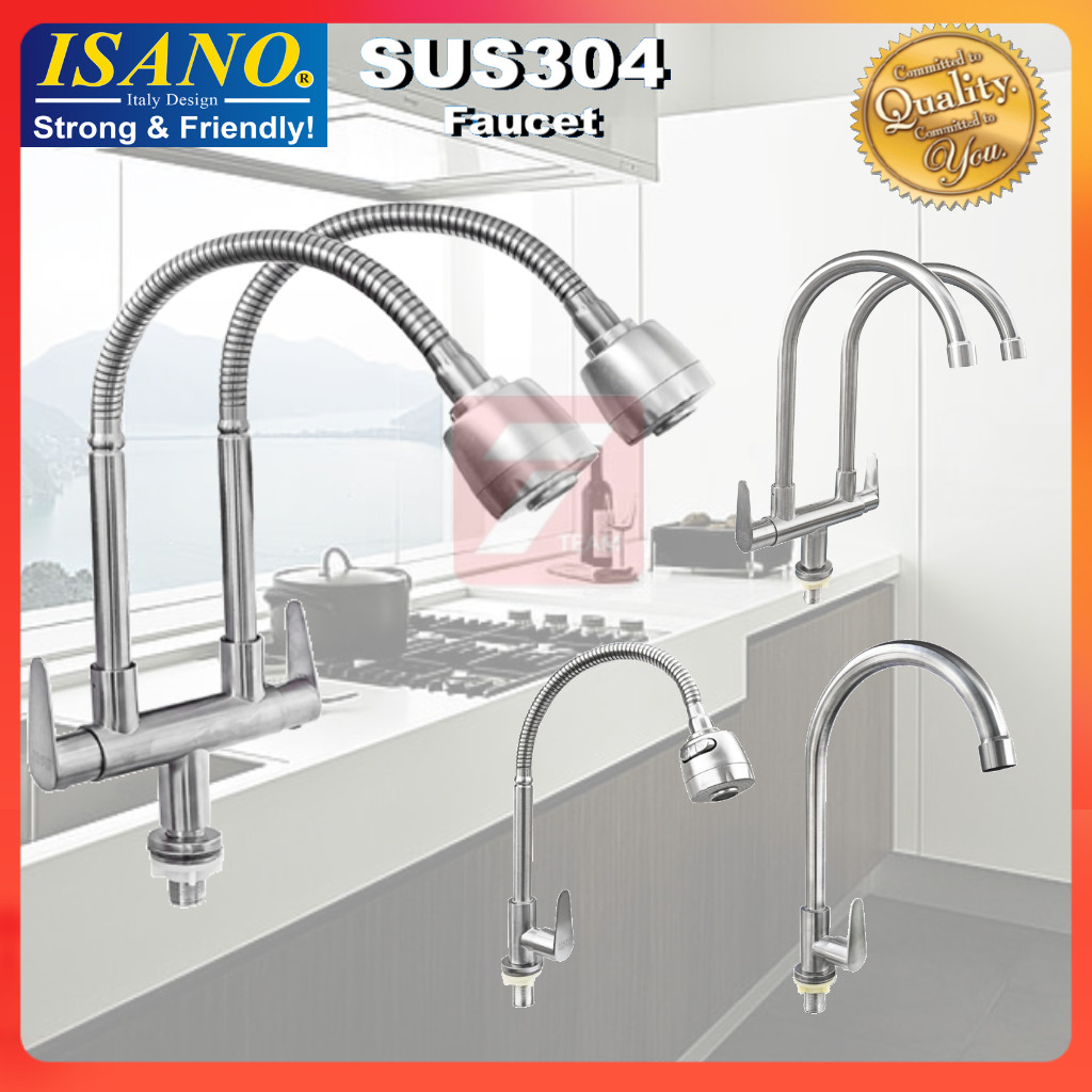 ISANO Kitchen Sink Faucet Stainless Steel Flexible Rotating Hose Shower ...