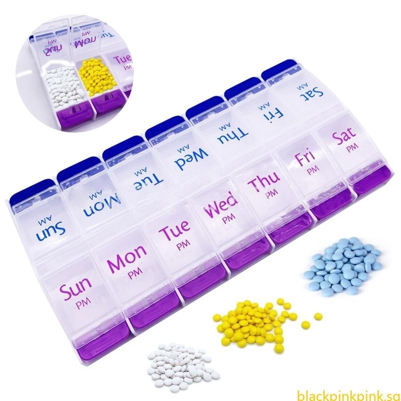 BLACK Weekly for Pill Box Large Capacity Dispenser 7 Day 14 Compartment ...