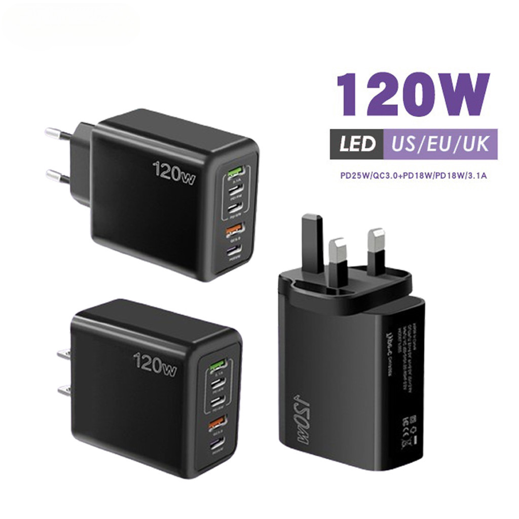5 Ports 120W Charger USB Type C Fast Charging Quick Charge 3.0 PD Wall ...