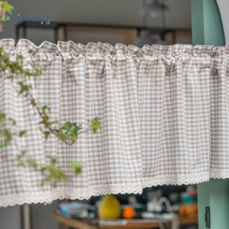 American Cream Checker Curtain Cotton Partition Fabric Decoration No ...
