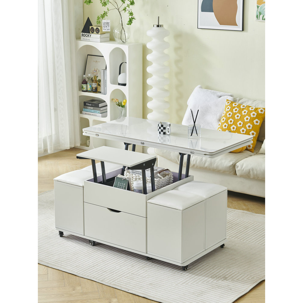 Cream Style Long Base Adjustable Coffee Table for Small Spaces, Mobile ...