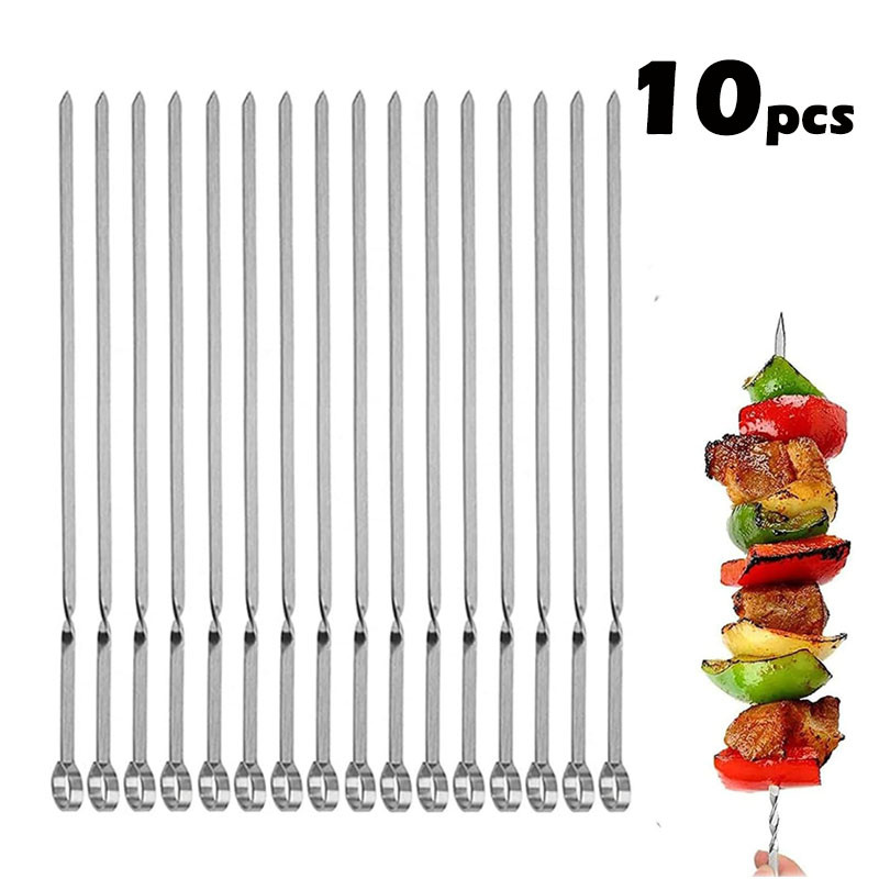 10pcs Stainless Steel Barbecue Stick BBQ Skewers Needle Flat Long Grill ...