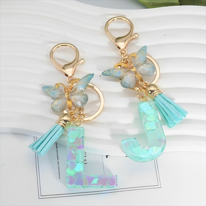 Fashion Green Tassel 26 Letter Keychains Love Heart Sequin Filled ...