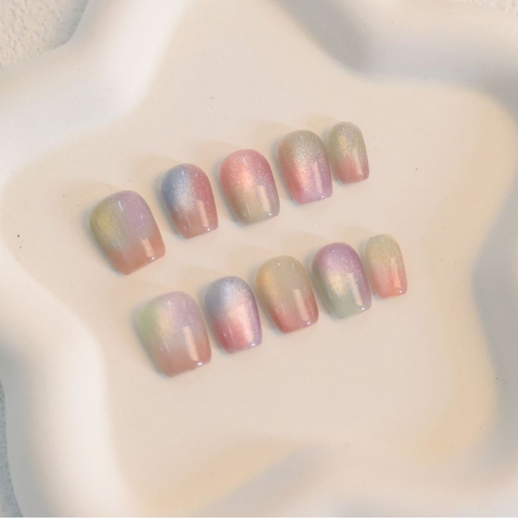 [HANDMADE]Artificial Nail Ultra short trapezoidal Candy Colored Cat Eye ...