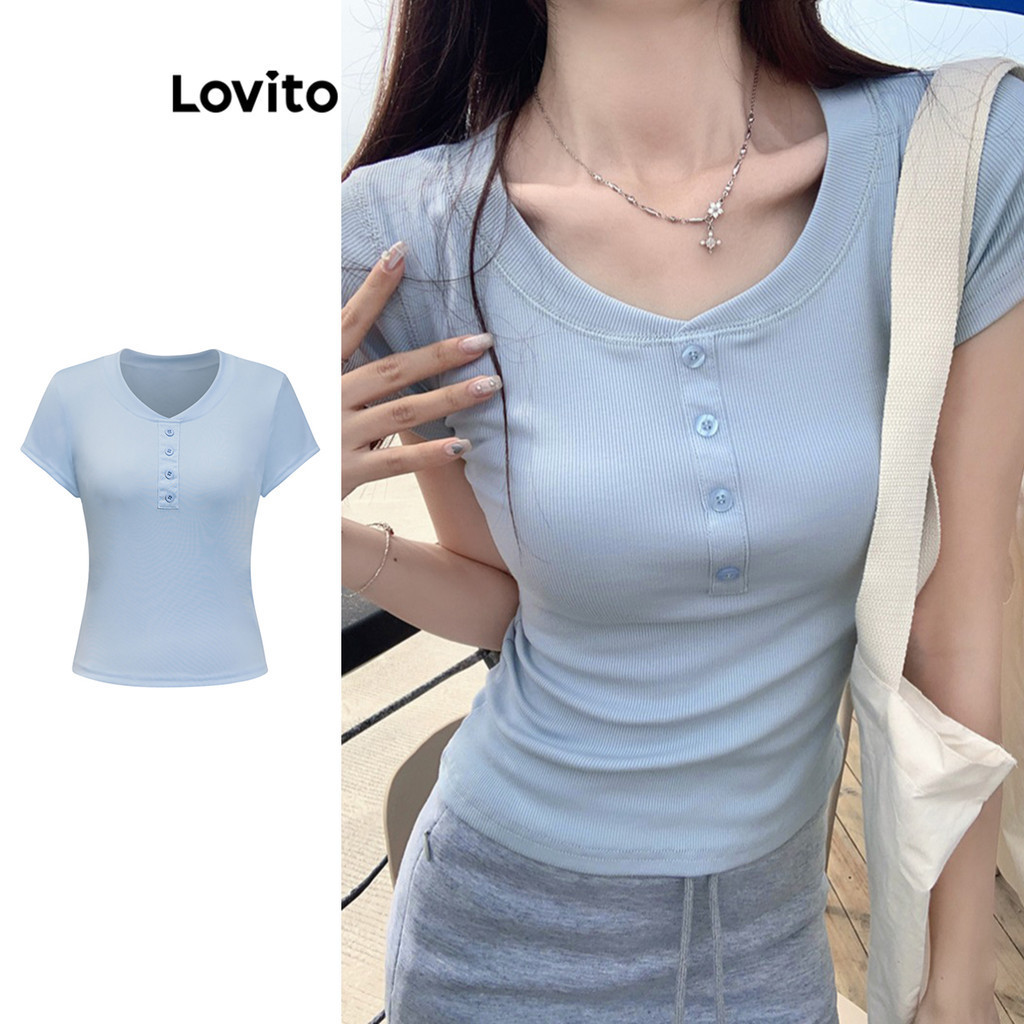Lovito Casual Plain Button Front T-Shirt for Women L89MD071 | Shopee ...