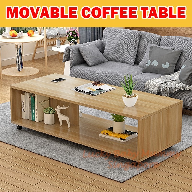 Movable Coffee Table with Wheels Simple Multi-Functional Storage Living ...