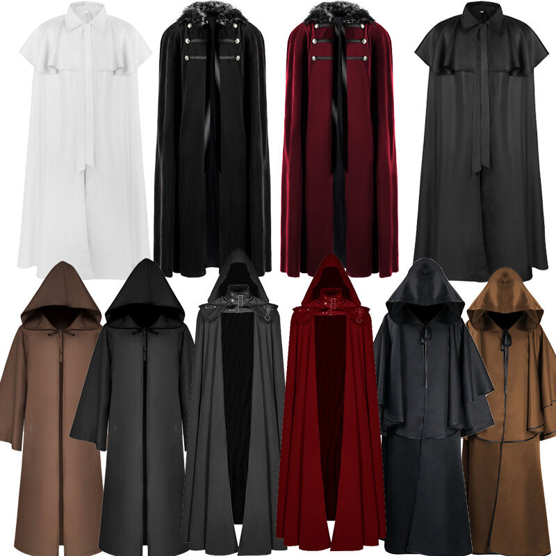 Solid Color Hooded Robe Retro Wizard Cloak Medieval Magician Hooded ...
