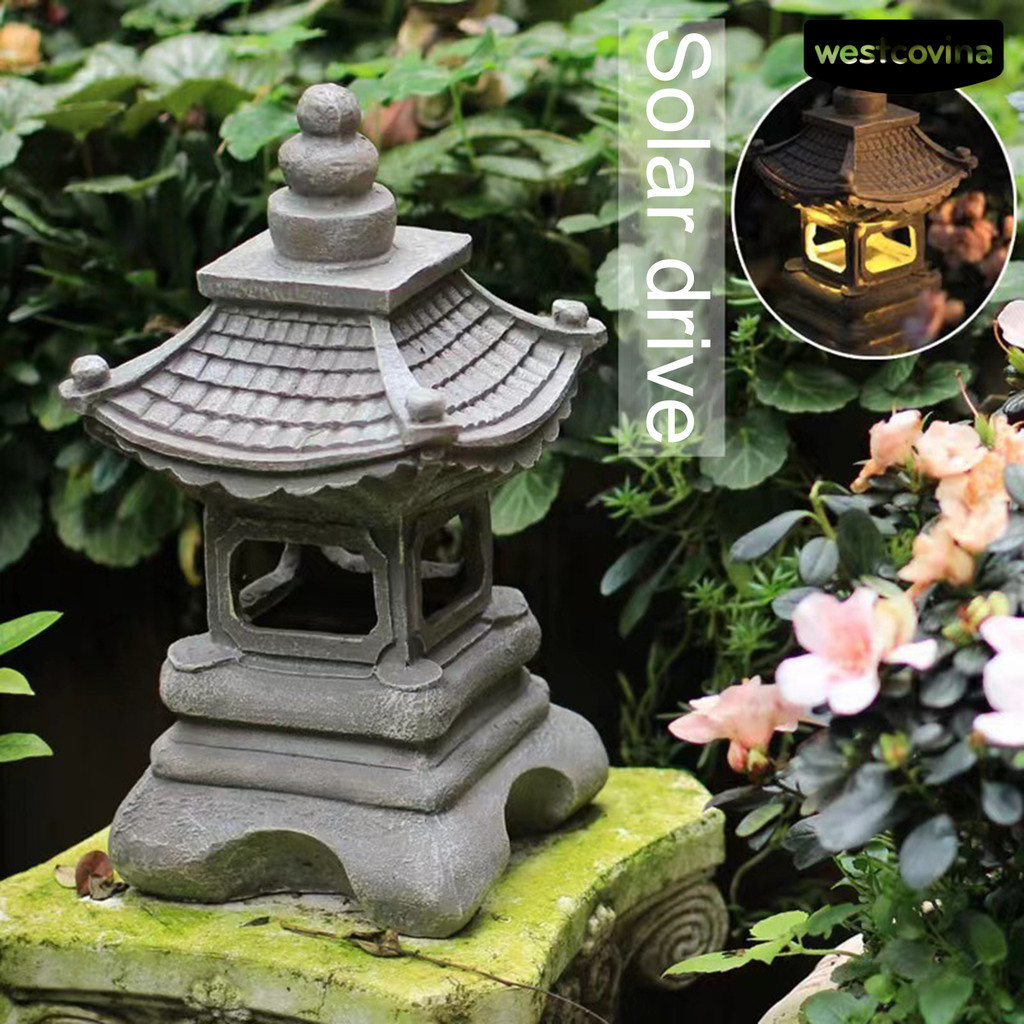 Westcovina Solar Pagoda Garden Statue Resin Lantern Solar Pagoda ...