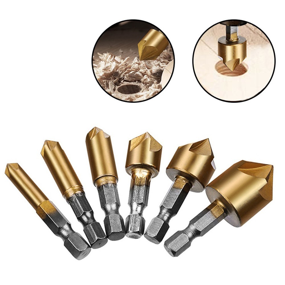 6pcs HSS Countersink Drill Bit Set Hex Shank 5 Flute Chamfering Cutter ...