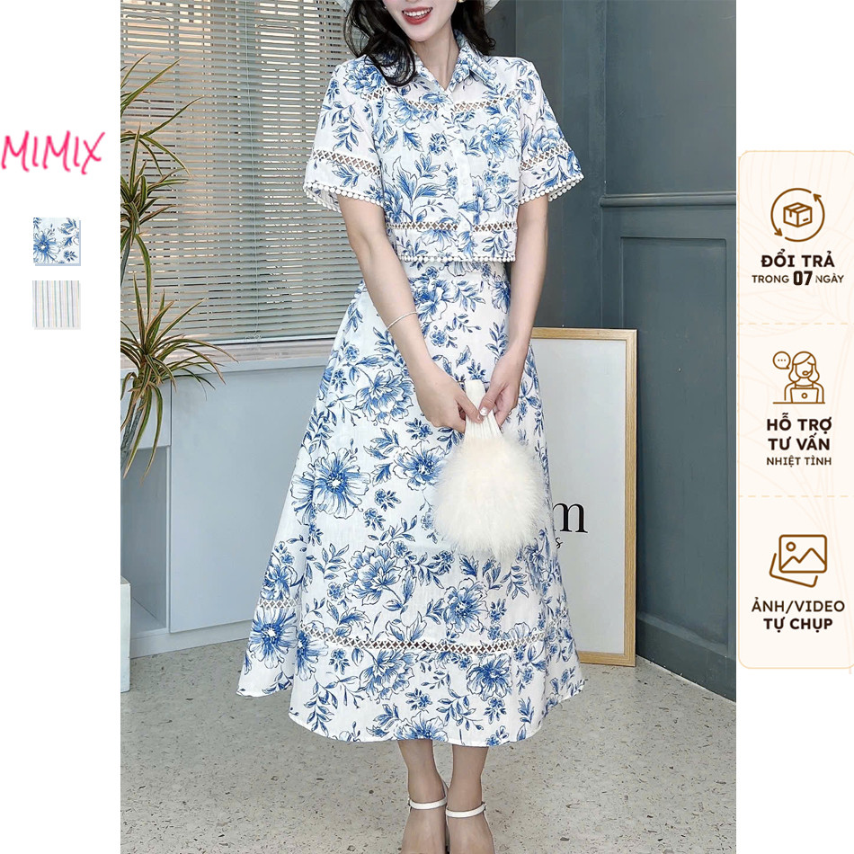 MIMIX Skirt Set Shirt Collar Mixed with Long Flared Lace Skirt in 2 ...