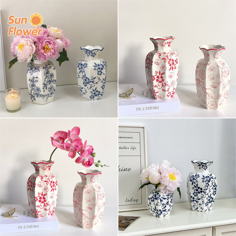 Chinese Style Flower Vases Octagonal Blue White Vessel Retro Flower ...