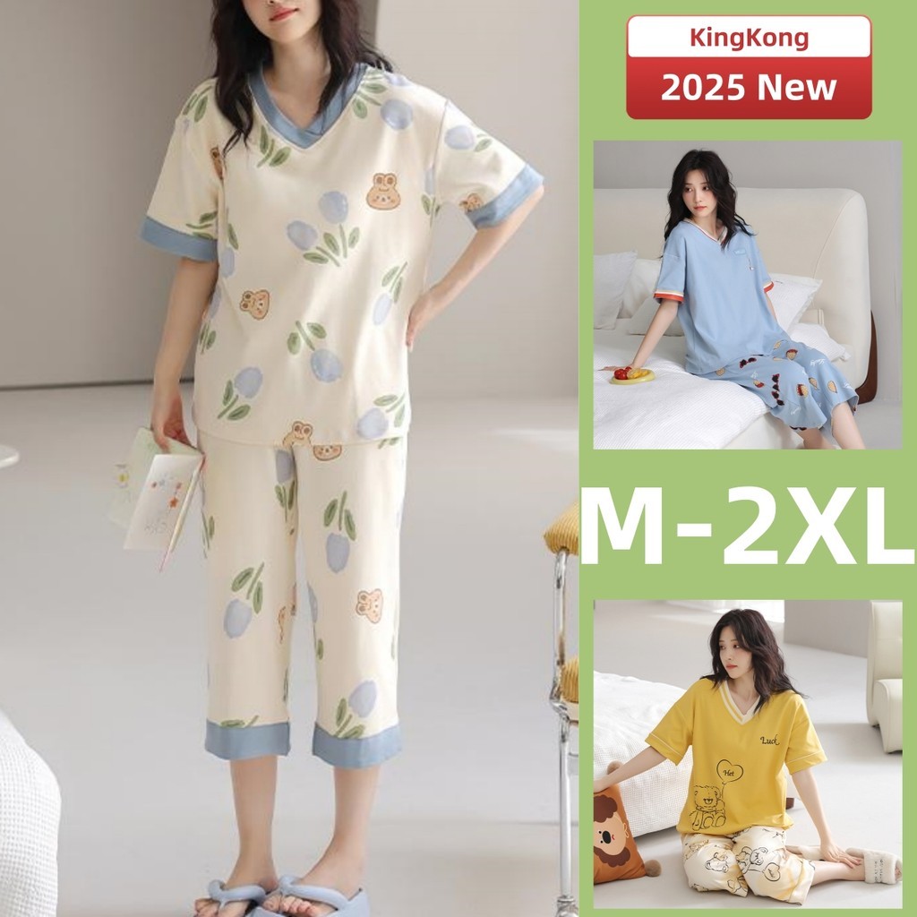 Padded Pyjamas Women Cotton Pajamas Set Short Sleeve 3/4 Length Summer ...