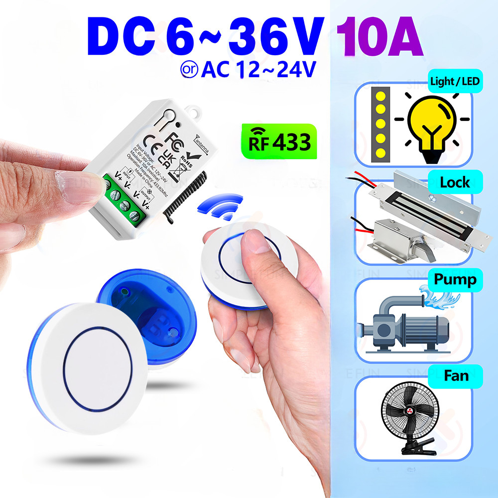 433Mhz DC6V 12V 24V Wireless Remote Control Light Switch Relay Receiver ...
