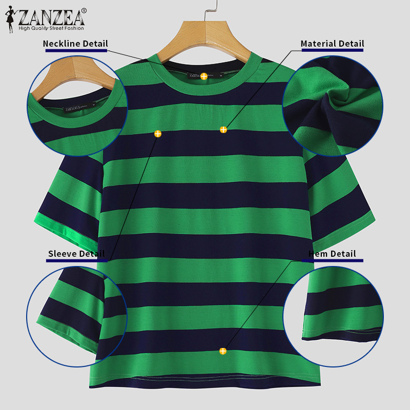Zanzea Women Simple Style Casual Stripe Print Round Neck Short Sleeve Blouse Shopee Singapore