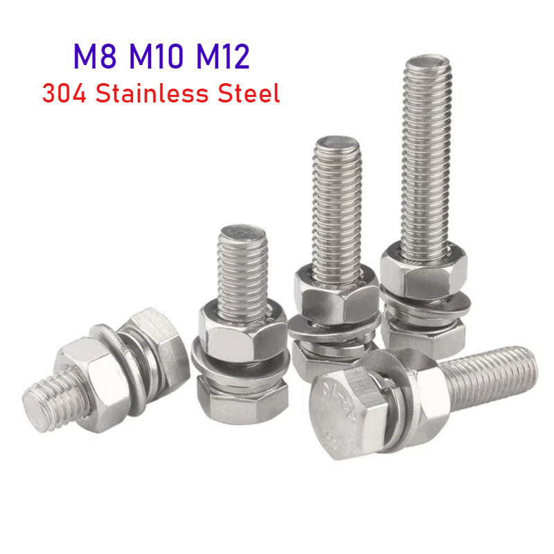 M8 M10 M12 304 Stainless Steel Hex Head Screws Nuts Flat Washers Lock ...