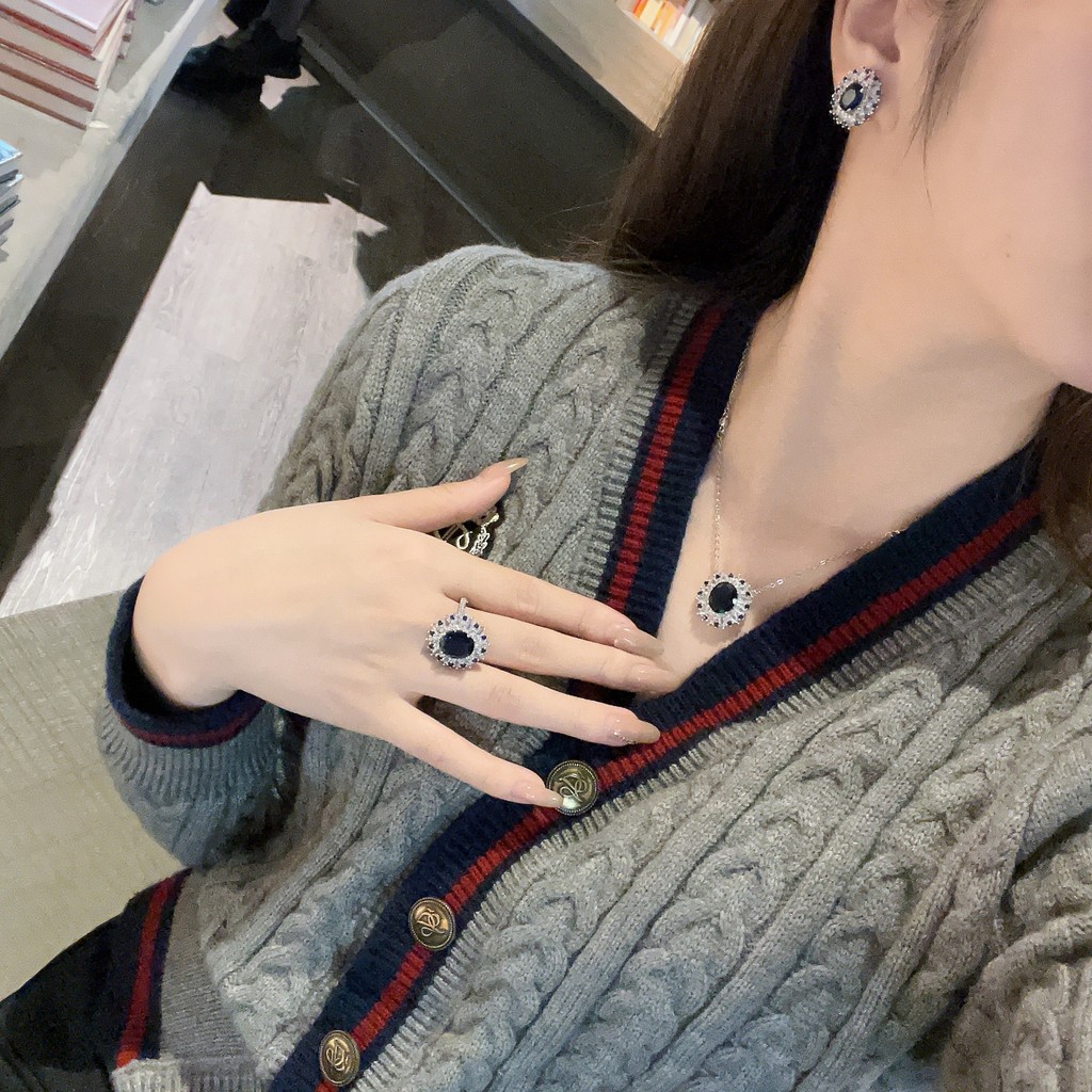 European American Fashion Jewelry Sapphire Blue Earrings Ring Necklace ...