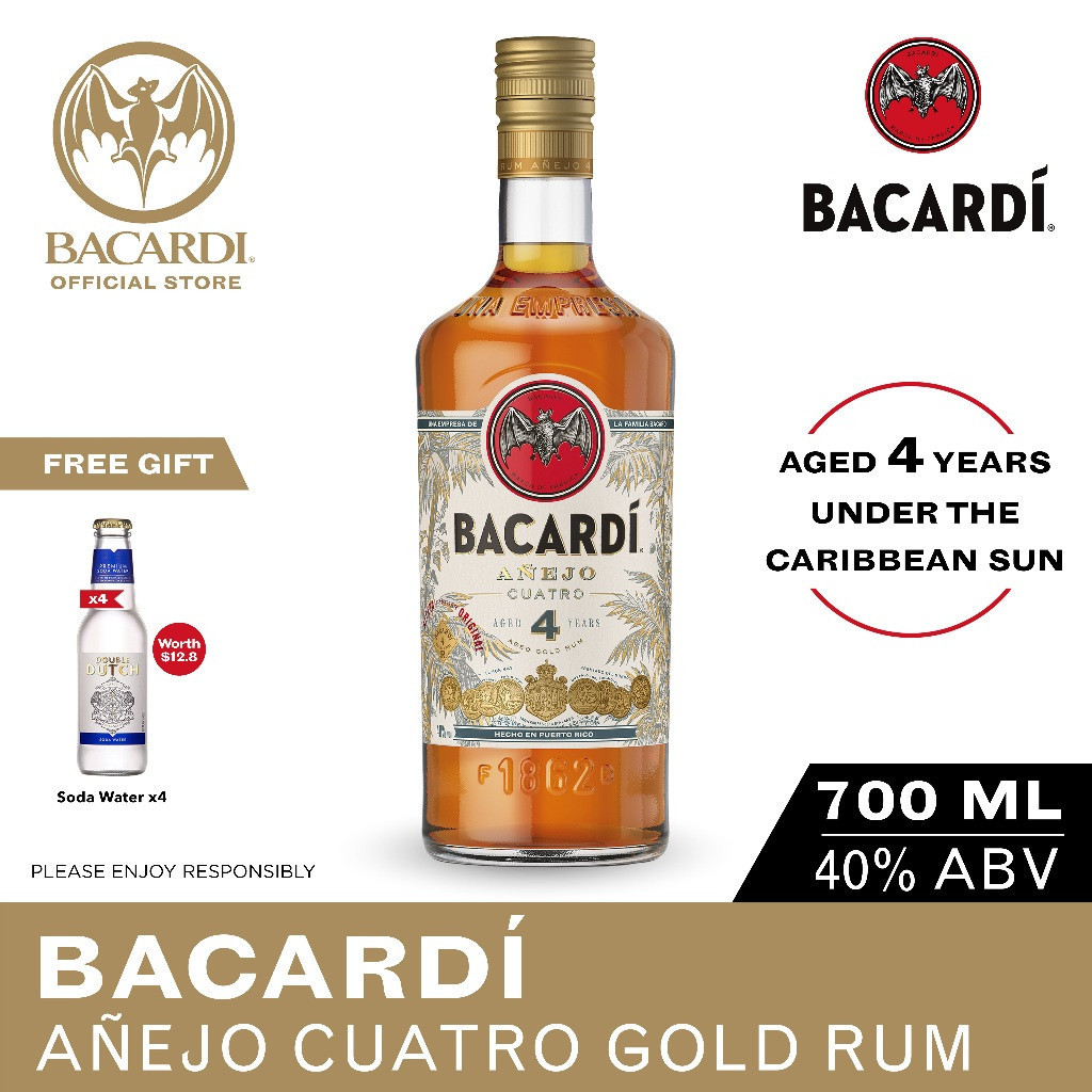 BACARDI Anejo Cuatro Aged Gold Rum - 700ml / 70cl, 40% ABV - Aged Four ...