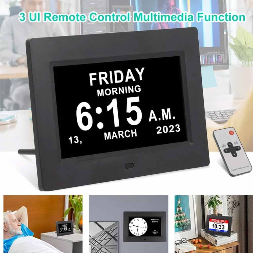 7in Digital Alarm Clock Large Day Date Calender LCD Display Dementia ...