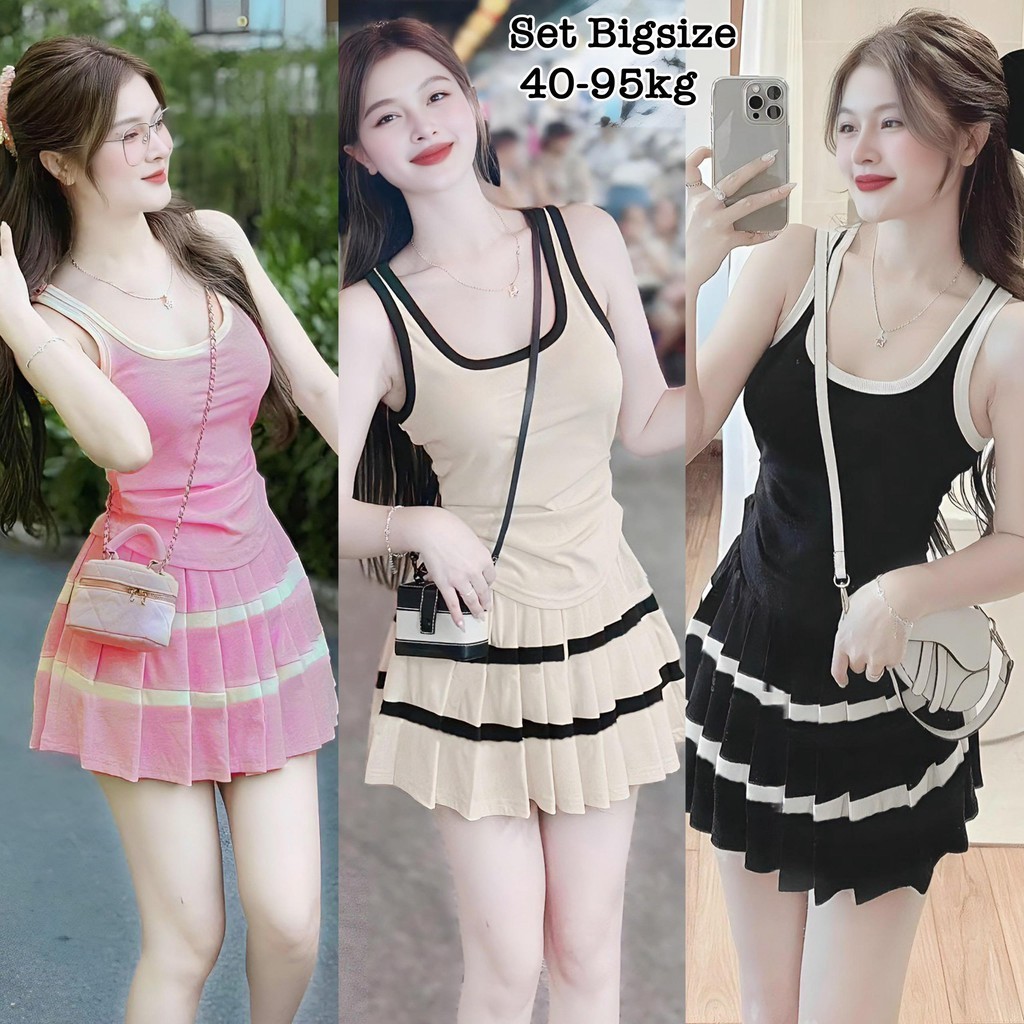 Set of Body hugging tank top and ribbed rim pleated skirt with ...