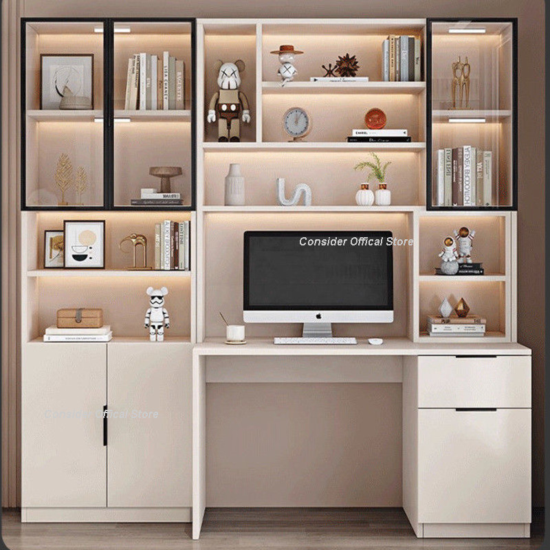 Solid Wood Computer Desk Bookshelf Light Luxury Office Desk Study Table ...